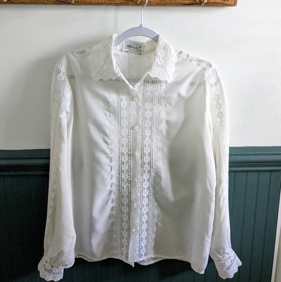 Vintage | Tops | Vintage Long Sleeve Lace White Button Down | Poshmark